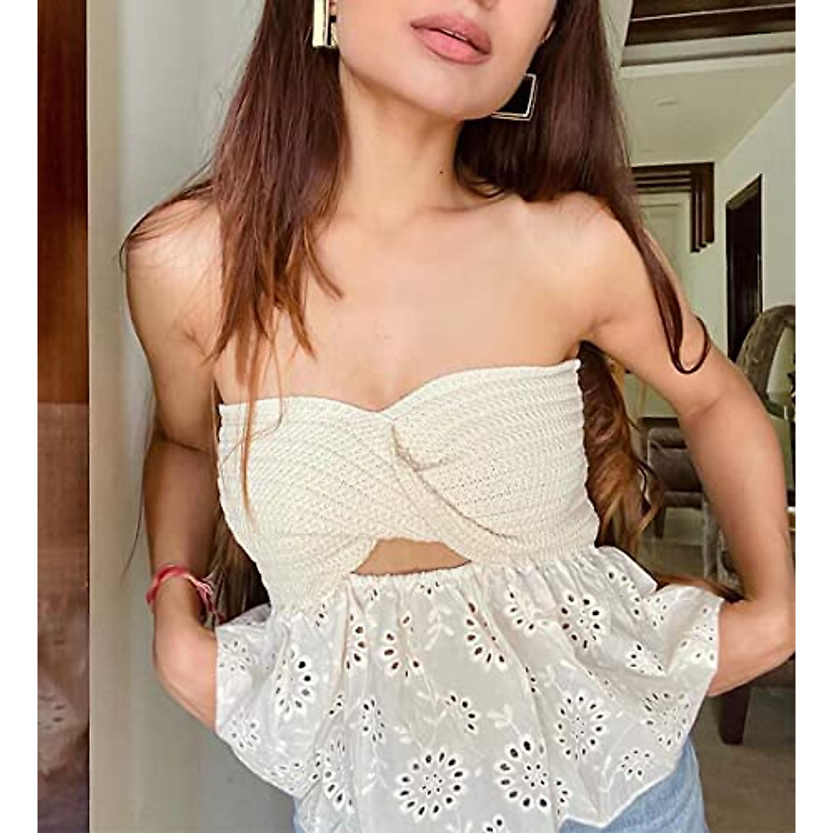 MISSACTIVER Women Twist Knot Knit Bandeau Tube Top Embroidery Strapless Off Shoulder Backless Hollow Crop Tank Corset Top Apricot