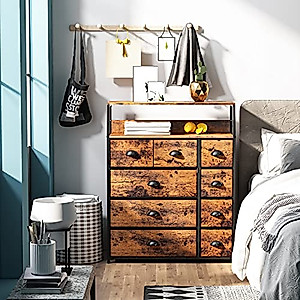 Furnulem 9 Drawer Dresser Large with Shelf, Tall Closet Storage Organizer for Bedroom, Fabric Storage Dresser, Wooden Top, Living Room, Entryway-Industrial Style (Rustic Brown, 31.5"x11.4"x39.8")