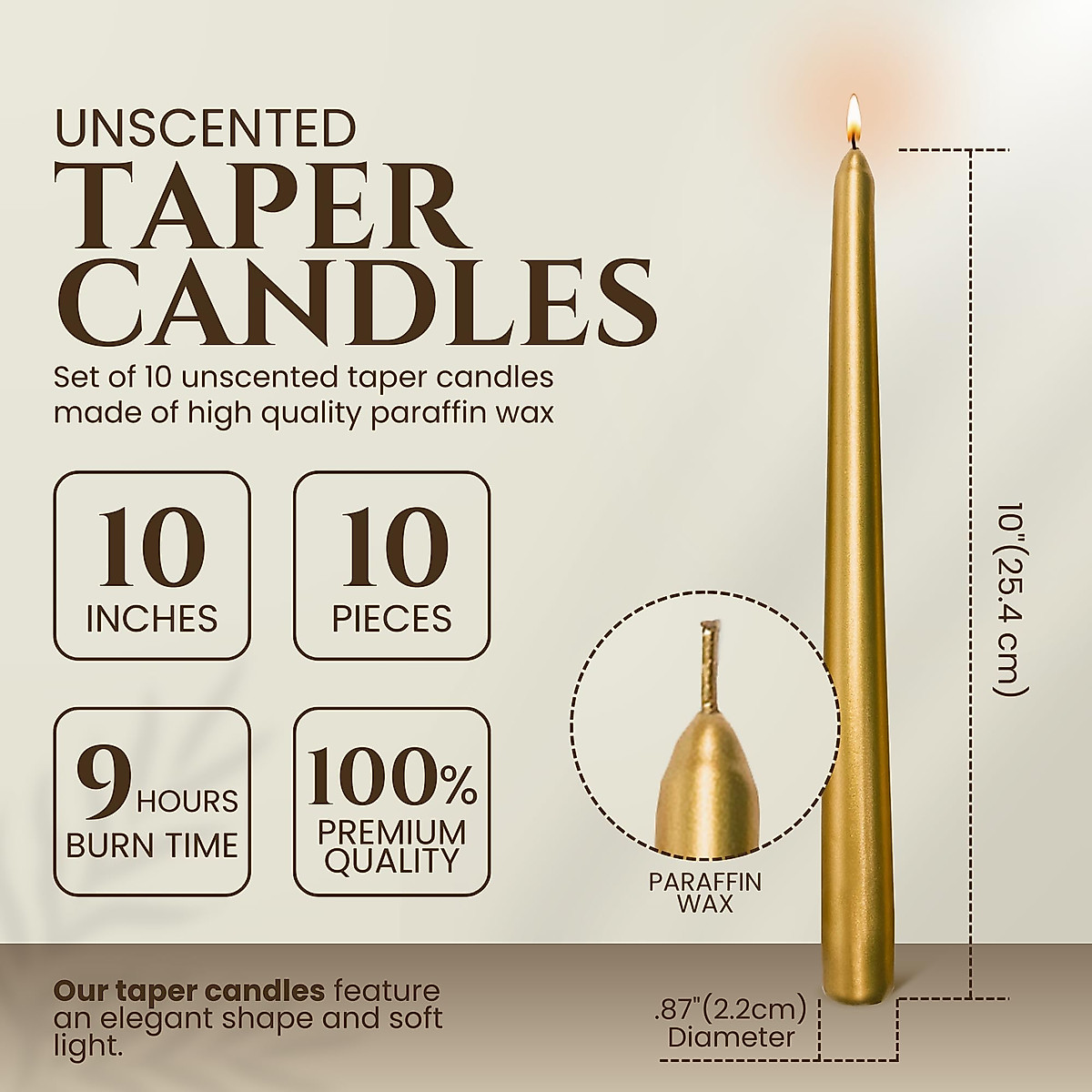 Axiom 10 Count Gold Taper Candles - 10 Inch Dripless - Unscented Smokeless Tall Candle Sticks - 9 Hour Burn Time - Tapered Candles for Home, Centerpieces, Dinners, Weddings, Parties, Celebration