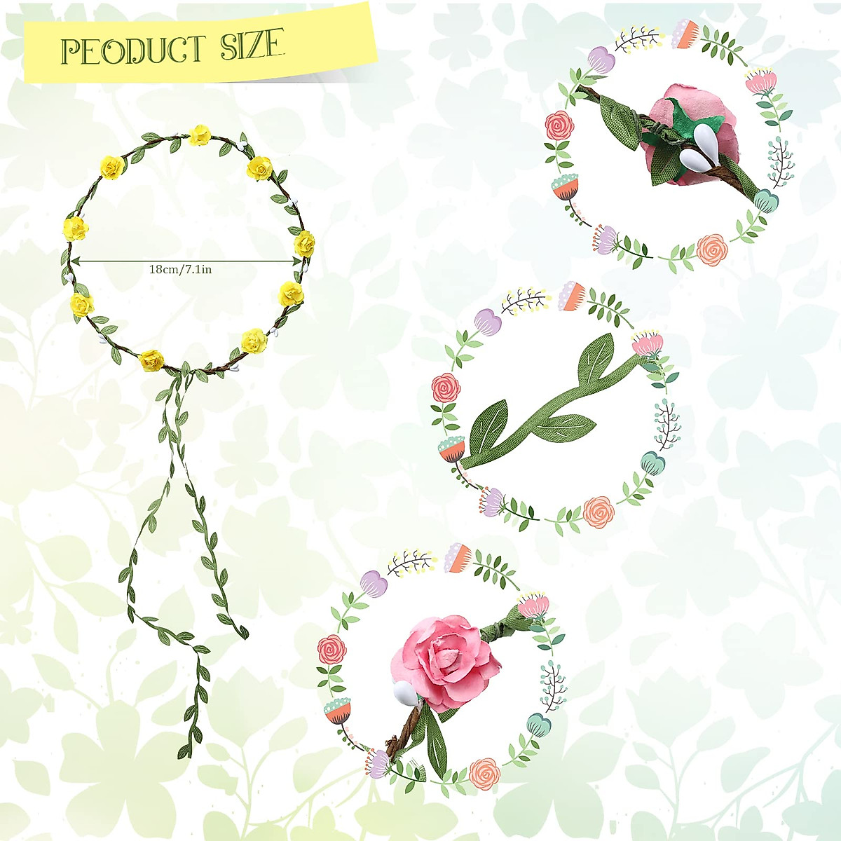 WILLBOND 48 Pcs Lady Girl Flower Crown Women Floral Garland Headbands Fairy Wreath Green Leaves Flower Girl Headpiece for Women Girls Wedding Festival Holiday Party Photography Props