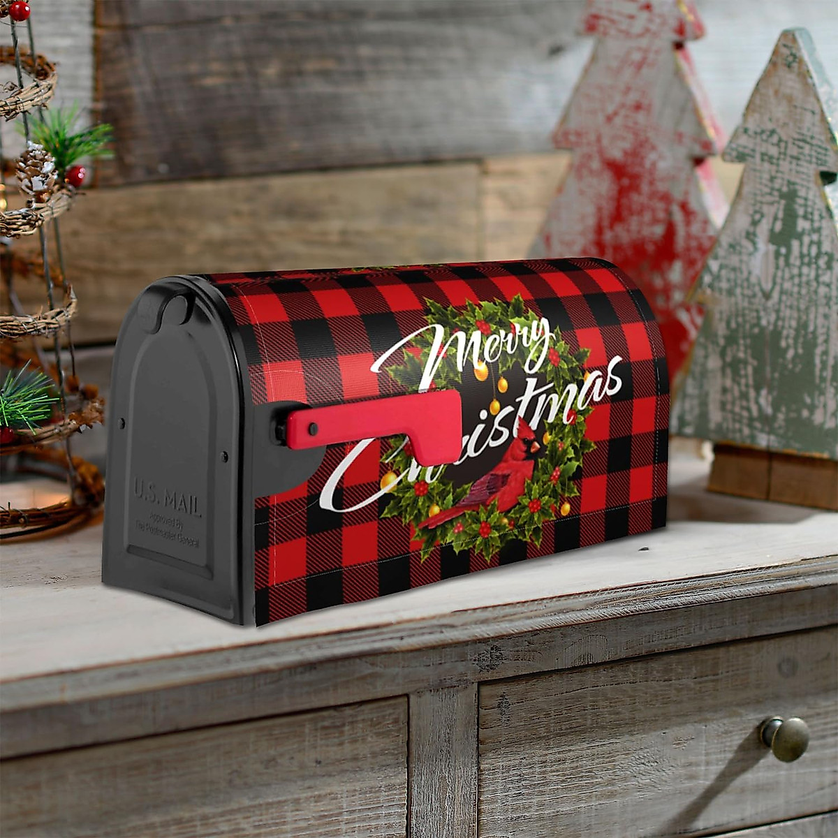 Merry Christmas Mailbox Cover Magnetic Winter Xmas Wreath Red Buffalo Plaid Mailbox Cover Garden Yard Home Decor Outdoor Yard Farmhouse Home Mailbox Cover Magnetic Standard 21" L x 18" W