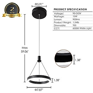 Viruhaka Dimmable LED Pendant Light Kitchen Island 15W Modern Dining Room Black Chandelier 1-Ring Pendant Lighting Bedroom Bedside 59in Cord Adjustable, 6000K Daylight…