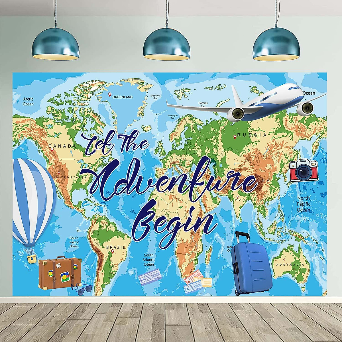 Adventure Awaits Backdrop Travel Themed World Map Photography Background Let The Adventure Begin World Travel Graduation Birthday Baby Shower Party Decorations Banner (6x4ft(70x40inch))
