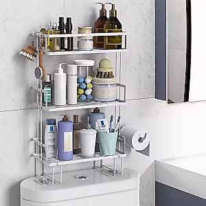 FLOLXNB Over The Toilet Storage,3-Tier Bathroom Organizer Shelves with Paper Holder, Multifunctional Toilet Rack,No Drilling Storage Shelf, Home Storage Space Saver Wall Mounting Design,White