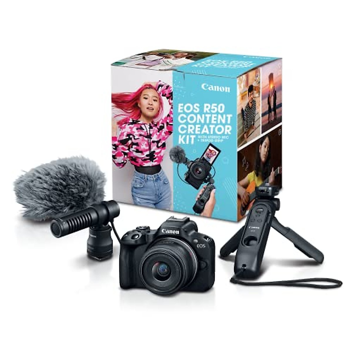 Canon EOS R50 Content Creator Kit, Mirrorless Vlogging Camera, 24.2 MP, 4K Video, DIGIC X Image Processor, RF-S18-45mm F4.5-6.3 IS STM Lens, Stereo Microphone, Tripod Grip, Wireless Remote Control