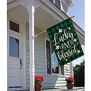 AVOIN colorlife Lucky and Blessed Watercolor Buffalo Plaid Shamrock House Flag Double Sided, St Patricks Day Yard Outdoor Flag 28 x 40 Inch