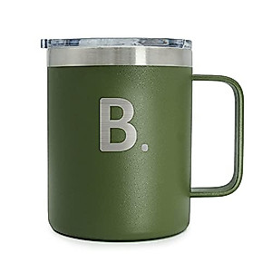nomadwood Vacuum Insulated Stainless Steel Mug, Double Wall Tumbler with Handle and Lid, Custom Initial Letter Camp Cup (ArmyGreen, B)