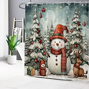 EOBTAIN Red Christmas Snowman Shower Curtain for Bathroom Xmas Tree with Balls and Deer in The Snow Shower Curtain with 12 Hooks Watercolor Vintage Farmhorse Bathroom Curtains Shower Set 78x72 Inch