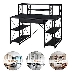 SSLine Computer Desk with Drawer and Hutch Wood&Metal Home Study Writing Table w/Open Shelves Modern Simple PC Laptop Desk Office Workstation - Black /47" L x 24" H x 41" H
