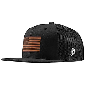 Branded Bills ‘The Salute' USA Flag Leather Patch Hat Flat Trucker - One Size Fits All (Heather Grey/Black)