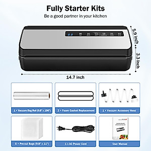Vacuum Sealer, Food Vacuum Sealer Machine, 80Kpa Powerful Compact Vacuum Food Sealer with Bags Storage and 5 Bags, 1 Pack Bag Roll, Dry & Moist Modes (Silver)