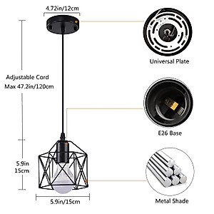 NAANN Black Pendant Light, Farmhouse Rustic Vintage Hanging Lamp Industrial Metal Mini Cage Pendant Lighting Fixture for Kitchen Island Bedroom Hallway, E26 Base