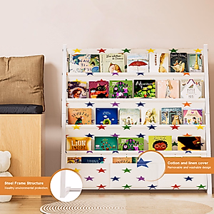 ZHOOGE Kids Bookshelf Book Rack Storage, Metal Book Rack Organizer Bookcase Bookstore Library Book Unit Storage Toddler Book Shelf Display for Nursery or Kids Room (5-Tier/ 30 in, White)