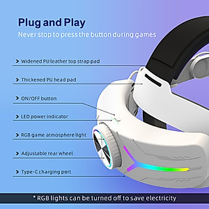 QWOS RGB Comfort Battery Head Strap 8000mAh Compatible with Meta Quest 3 Accessories, 20W Fast Charging, Extend 8hrs Playtime, Adjustable Battery Elite Strap for Enhanced Support and Balance in VR