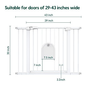 Babelio Auto Close Baby Gate with Small Cat Door, 29-43" Metal Cat Gate for Doorway, Stairs, House, Easy Walk Thru Dog Gate with pet Door, Includes 4 Wall Cups and 3 Extension Pieces, White