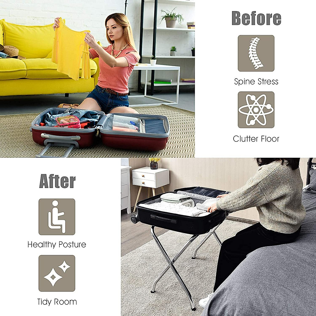 MAT EXPERT Folding Luggage Rack, No Assembly Required, 180lbs Capacity Luggage Holder w/ Nylon Straps & Non-slip Footpads, Chrome Suitcase Stand for Guest Room Home Bedroom Hotel, Set of 4, Silver