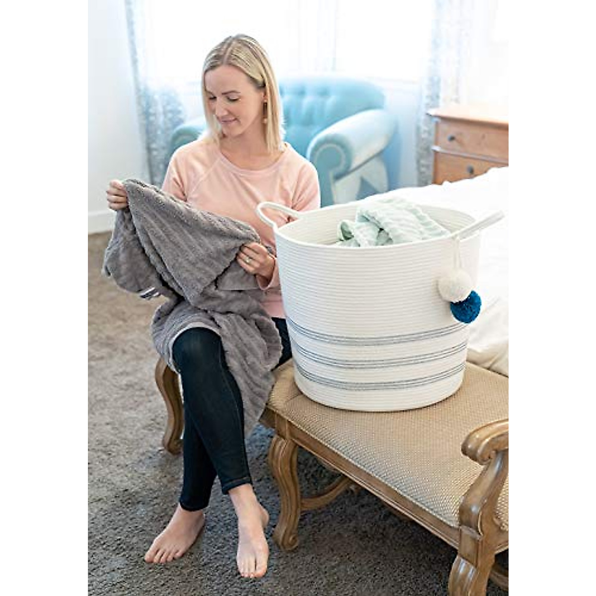 Sweetzer & Orange Extra Large Woven Cotton Rope Storage Basket with Pom-Poms – 16.5”x20.5” - Blanket Storage Baskets, Laundry and Toy Storage, Nursery Hamper - Off White/Navy XXL for Living Room