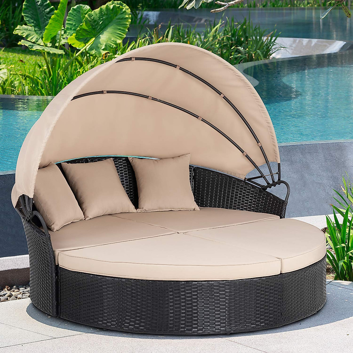Walsunny Patio Furniture Outdoor Lawn Backyard Poolside Garden Round Daybed with Retractable Canopy Wicker Rattan, Seating Separates Cushioned Seats