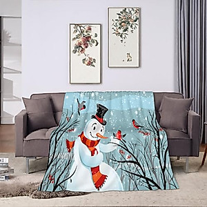Throw Blanket 40x50 Inch,Birds Bullfinch Snowman Flannel Soft Cozy Fluffy Throw Blankets and Warm Throws for Adults in Couch Sofa Bed 50x40 Inch