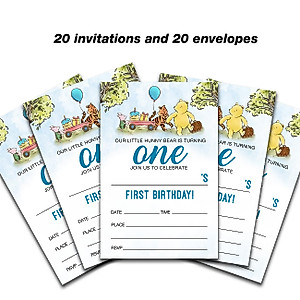 Dolimifa Winnie the Pooh 1st First Birthday Invitations Fill in Style Classic Our Little Hunny Bear 1st Birthday Invites, 20 Count With Envelopes