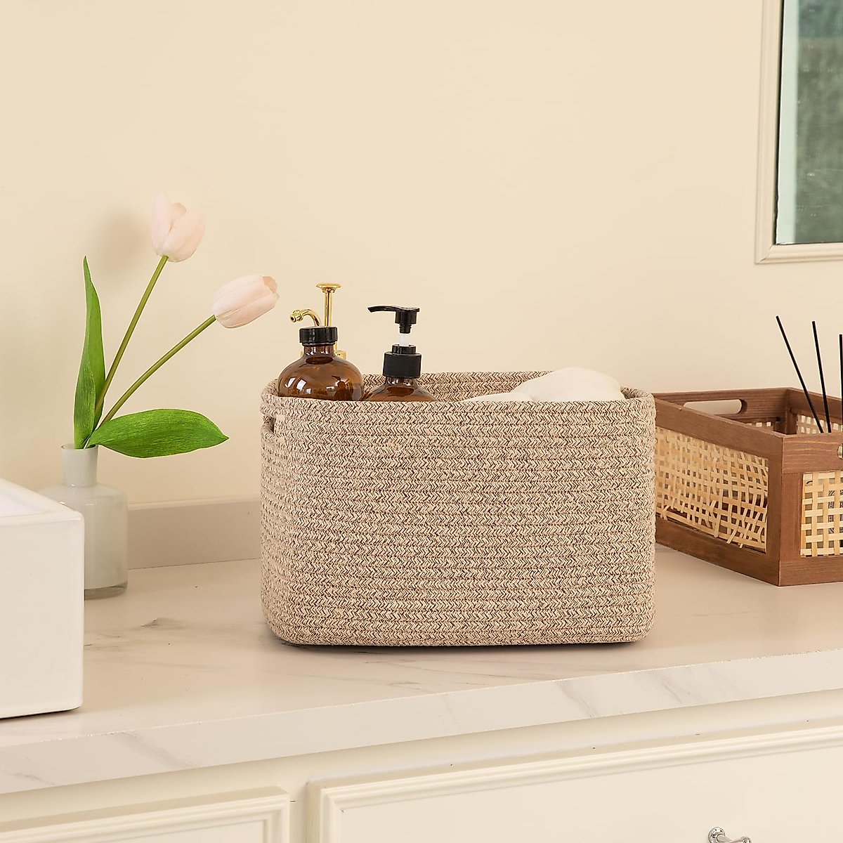 OIAHOMY 4 Pack Storage Baskets for Organizing, Cube Storage Bins for Shelves, Rectangle Storage Baskets With Handles, Woven Baskets for Storage, 12.7''Lx9''Wx7.8''H, Brown