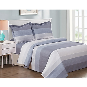 Violet Linen French Sea Soft Multi Stripe Pattern, Luxury Ultra Soft and Breathable 200 Thread-Count Cotton Percale, Blue, Twin 39-inch, 6 Piece Duvet Set, Bedding Duvet Cover Set for Two Beds