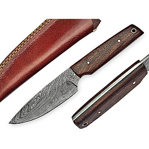 Handmade Full Tang Damascus Steel Fixed blade Knife, Hunting Knives Bushcraft knife- Skinning Knife-EDC With Rose Wood Handle and Real Leather Sheath