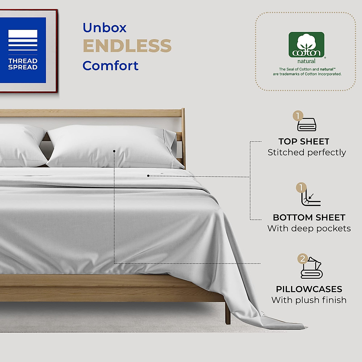 THREAD SPREAD 100% Egyptian Cotton Sheets for Queen Size Bed - 400 Thread Sateen Weave 4 PC Queen Silver Cotton Sheets, Deep Pocket Queen Sheet, Extra Soft Cooling Sheets Queen Size for Hot Sleepers