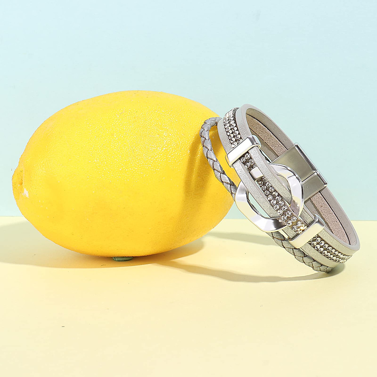 FANCY SHINY Leather Cuff Bracelet Circle Rhinestone Wrap Bracelet Stackable Multi Layer Wristband with Clasp Boho Jewelry Gift for Women(Silver)