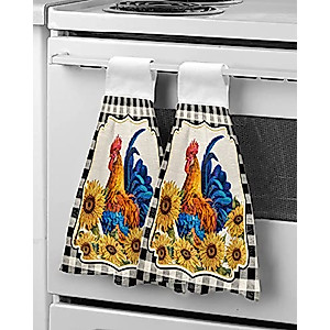 MUSEDAY Hand Towels for Bathroom Kitchen Farm Rooster with Sunflower Black Buffalo Plaid American Country Style Decorative Hanging Hand Towels Set Soft Tea Bar Tie Towel Washcloth