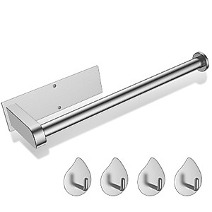 Paper Towel Holder - MUNNAR Stainless Steel Paper Towel Holder, Under Cabinet Paper Towel Rack, Self Adhesive or Drilling, Wall Mount Towel Paper Holder for Kitchen Sink Bathroom, with 4 Hooks