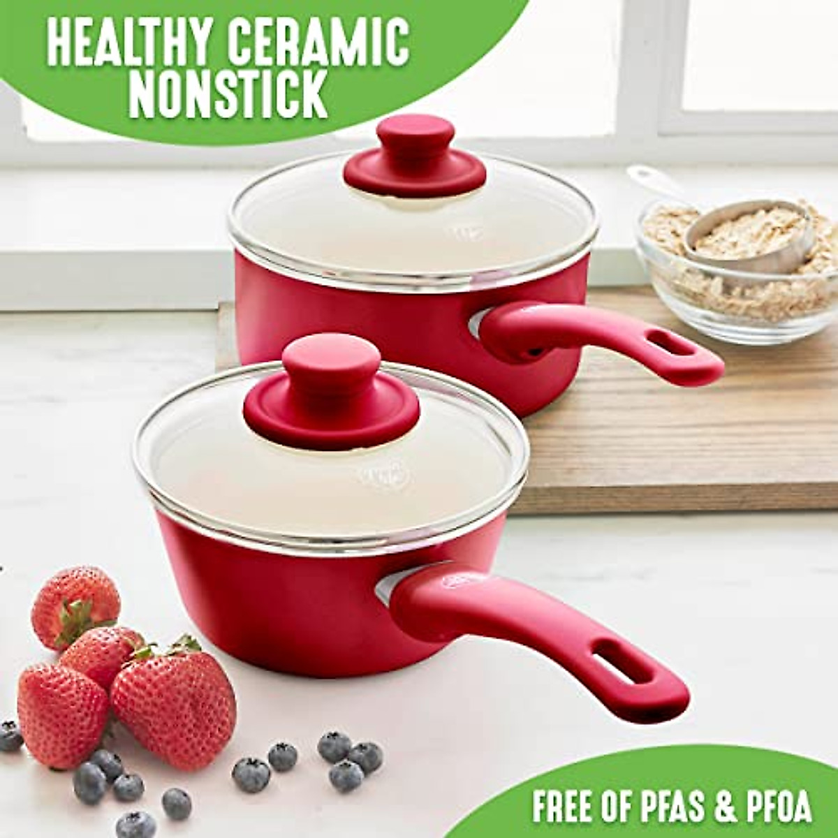 GreenLife Soft Grip Healthy Ceramic Nonstick, 1QT and 2QT Saucepan Pot Set with Lids, PFAS-Free, Dishwasher Safe, Red