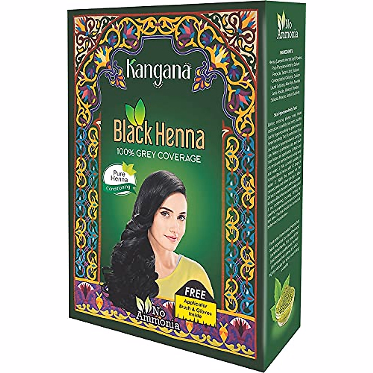Kangana Black Henna for 100% Grey Coverage - Natural Hair Dye/Color | 6 Pouches - Total 60g (2.11 Oz)