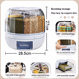 WJSP Cereal Dispenser Rice Bucket Dispenser 6 Grid 360° Rotating Rice Container Automatic Waterproof and Moisture-Proof Rice Storage Box for Kitchen, White