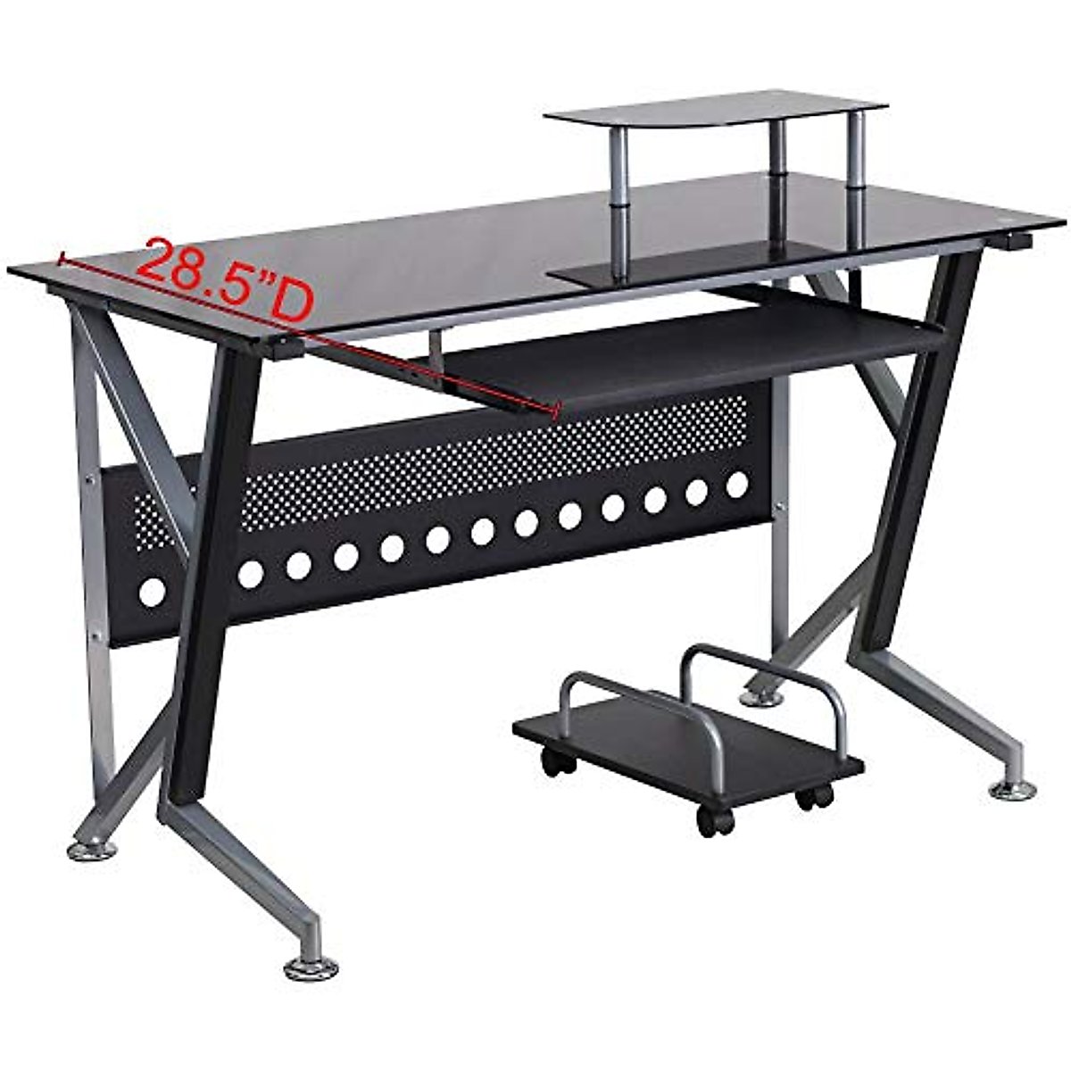 Flash Furniture Singleton Black Glass Computer Desk with Pull-Out Keyboard Tray and CPU Cart