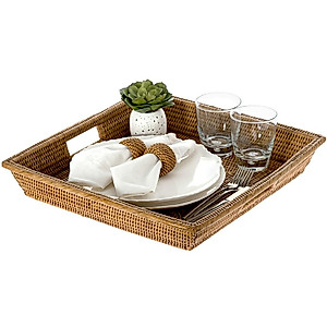 KOUBOO 1020046 La Jolla Rattan Square Serving Tray, 17.5" x 17.5" x 2.75", Honey Brown