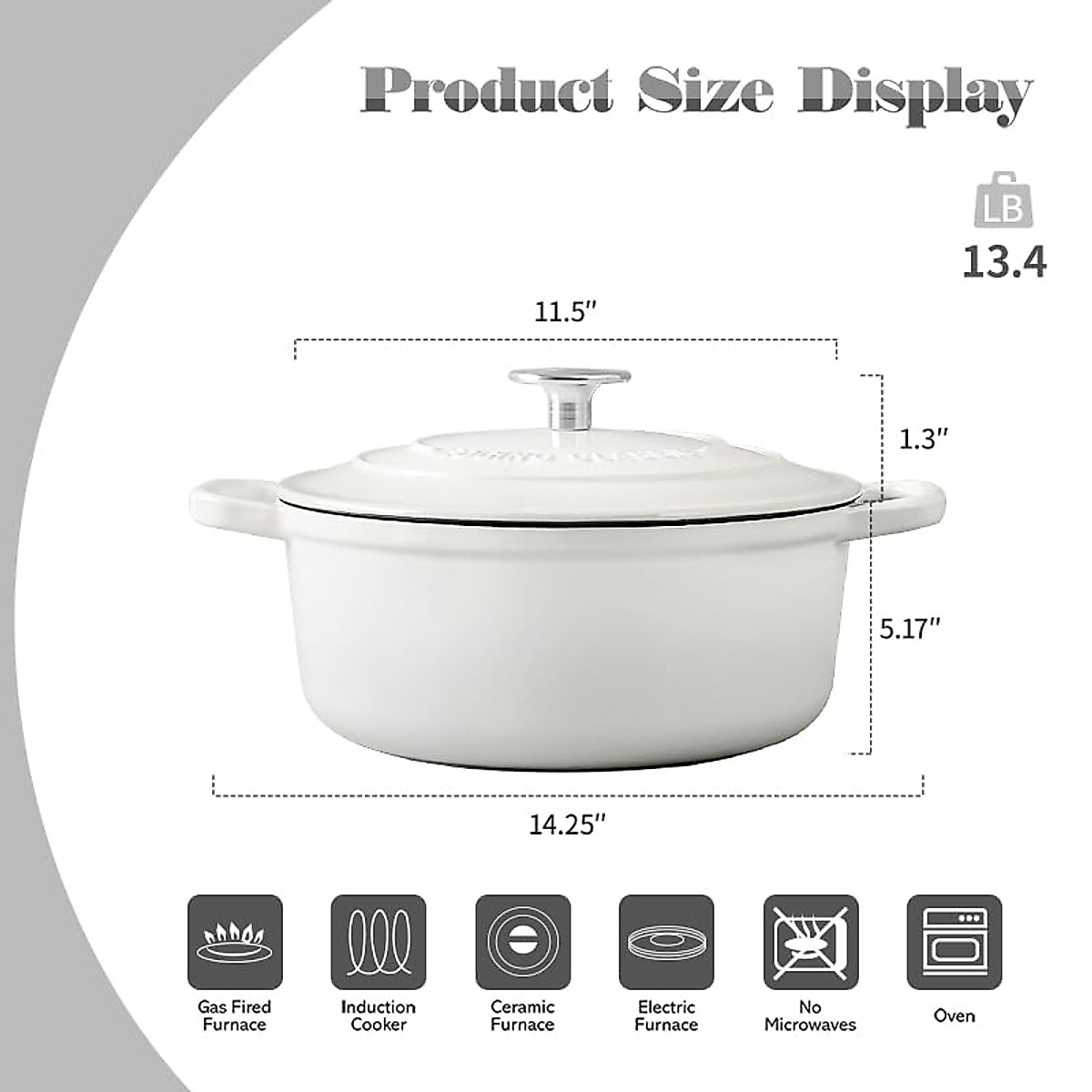 EDGING CASTING Cast Iron Dutch Oven With Lid Round Pot Enameled Covered, 7 Quart, White