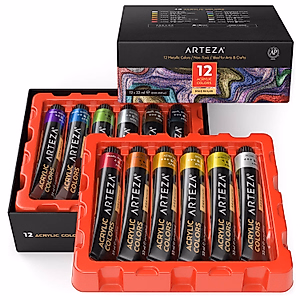 ARTEZA Metallic Acrylic Paint Set of 12 Colors, 0.74 ounce Tubes, Rich Pigments, Non Toxic Artist Paints for Hobby Painters, Ideal for Canvas Painting