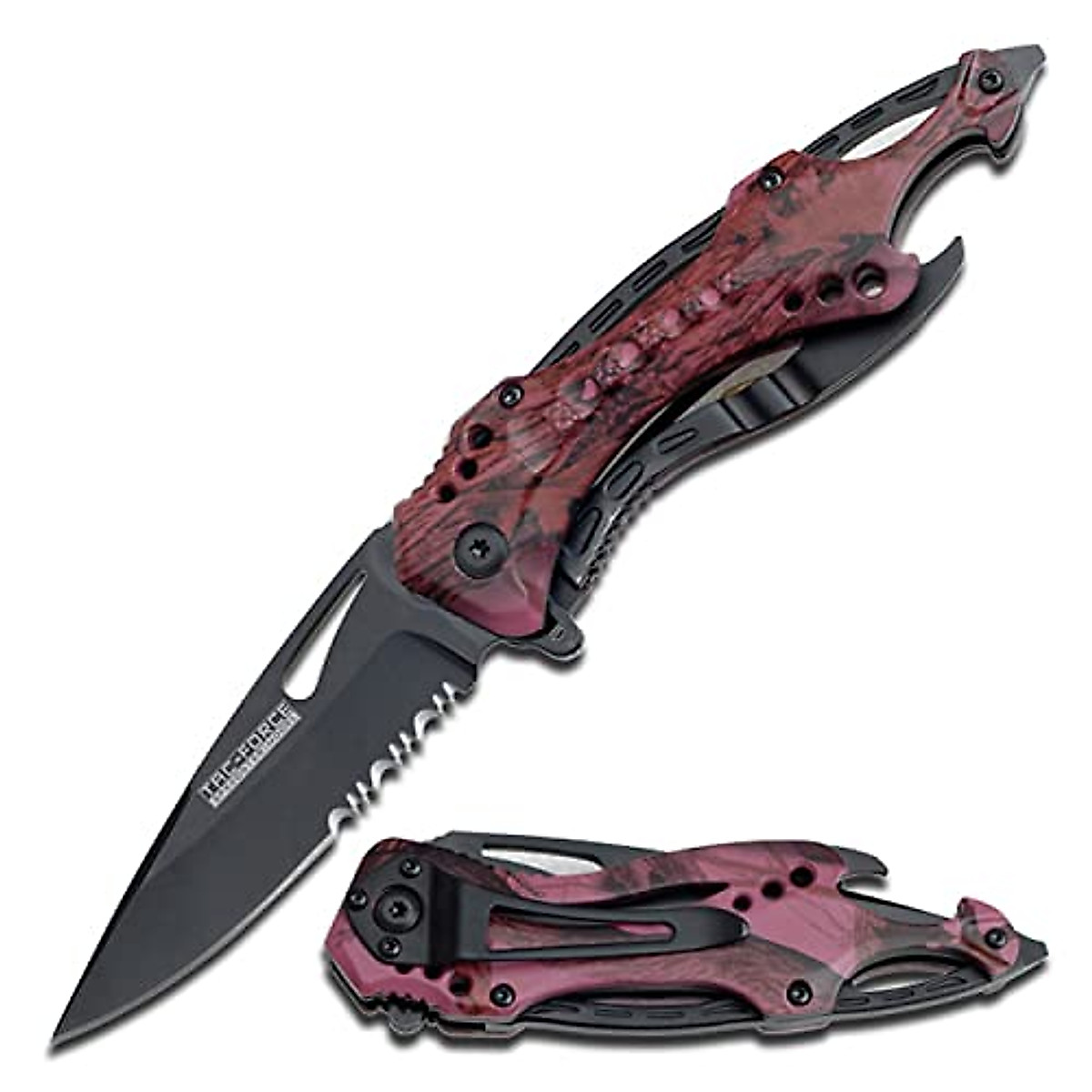 Tac-Force- Spring Assisted Folding Pocket Knife – Black Stainless Steel Blade with Black Aluminum Handle, Bottle Opener, Glass Punch and Pocket Clip, Tactical, EDC, Rescue - TF-705BK
