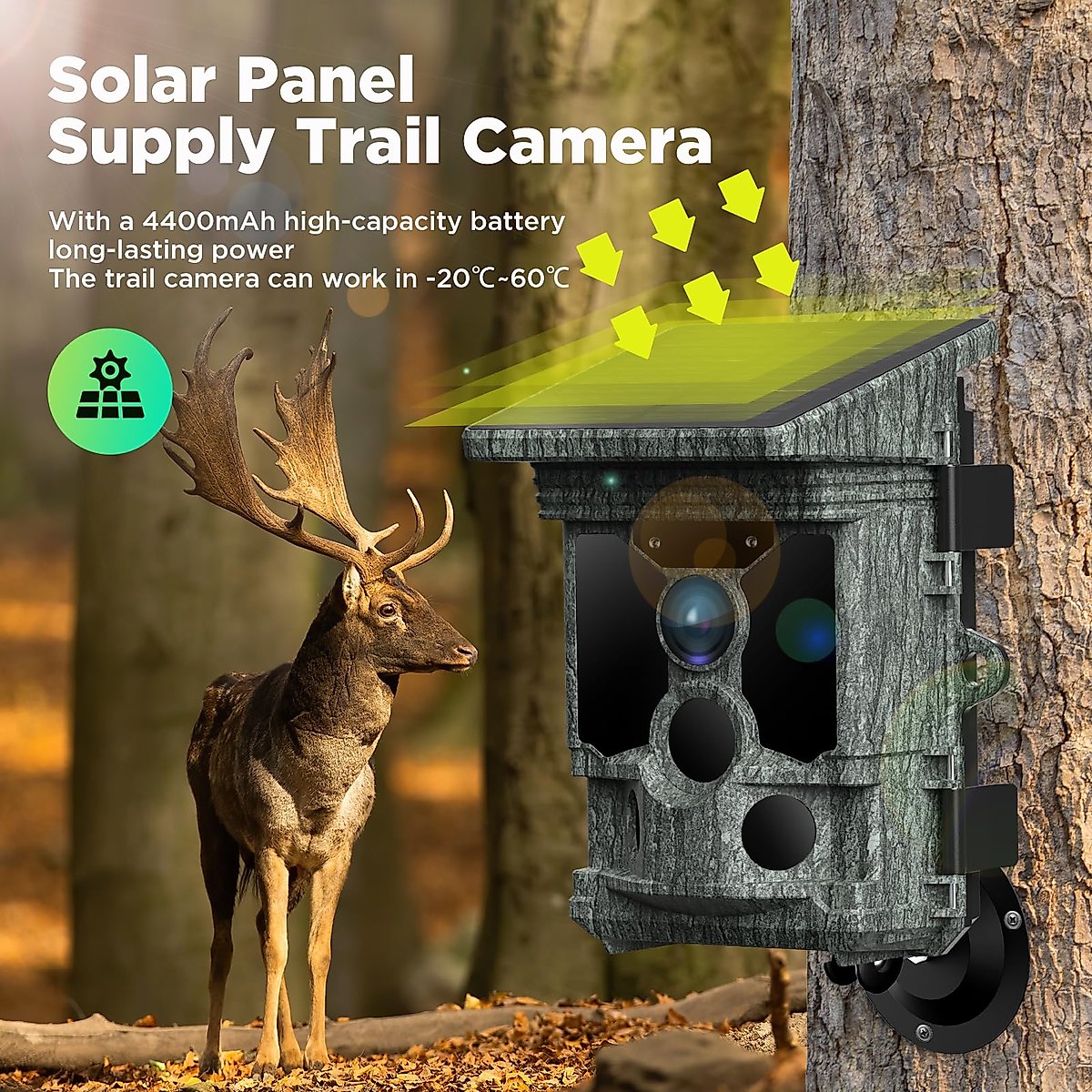 VOOPEAK Trail Camera Solar Powered 46MP 4K 30FPS, WiFi Bluetooth Game Camera with 120°Wide-Angle Motion Activated with Night Vision 0.1s Trigger Time IP66 Waterproof for Wildlife Monitoring Security