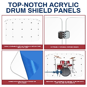 PENNZONI Drum Shield 5ft w/Deflectors & Chrome Hinges, Comes w/ 6 Drum Panels, 6 Deflectors, Chrome Hinges & Deflector Connectors, Premium Clear Acrylic Panels