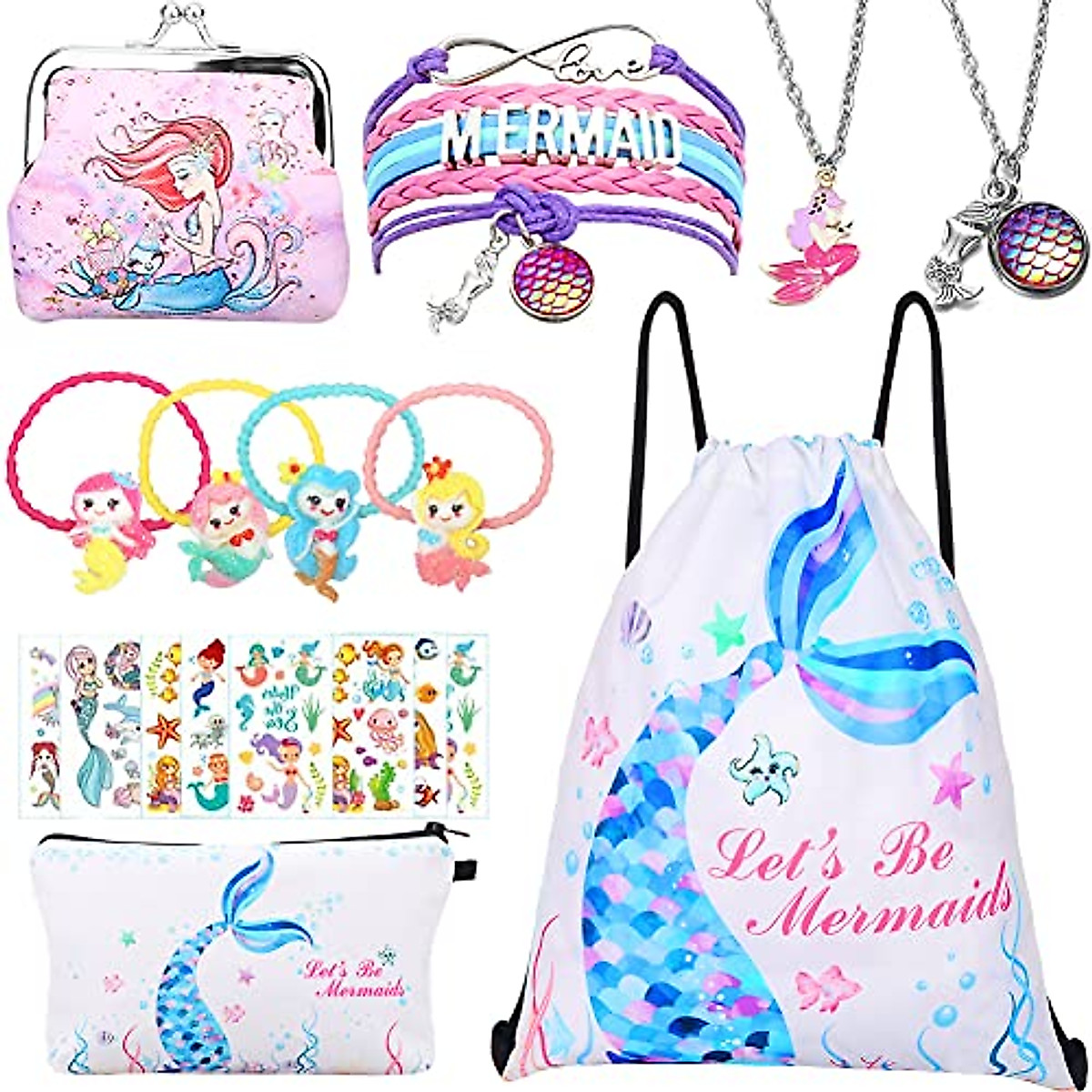 RHCPFOVR Mermaid Gifts for Girls - Drawstring Backpack,Makeup Bag,Bracelet,Necklace for Party Favors