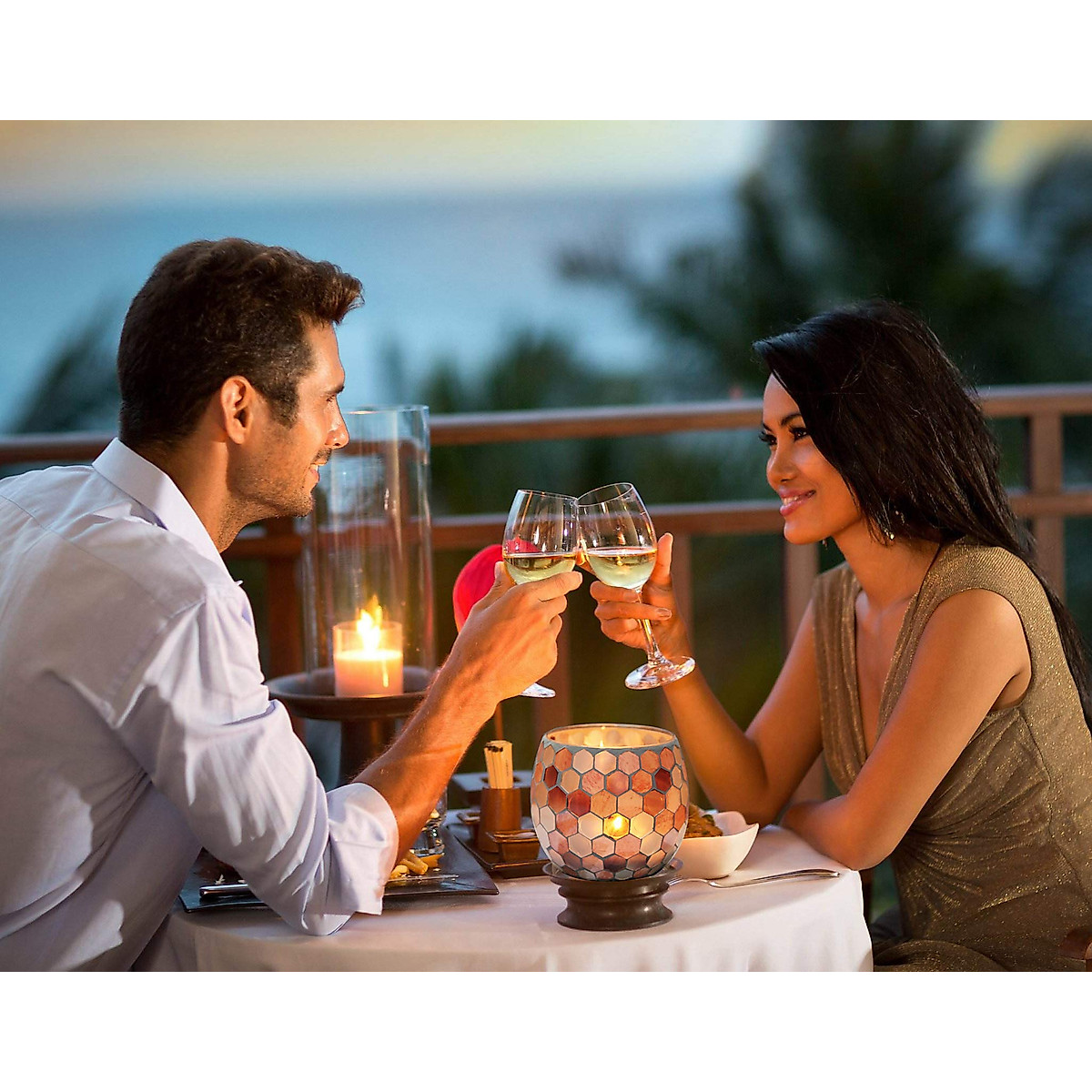 Votive Candle Holder Centerpiece, Mosaic Glass Tealight Holders for Home Decor, Table, Party Decorations, Handmade Gifts for Her, Vase for Potted Plants Bowl, Set of 2 (Shell Hive X 2)