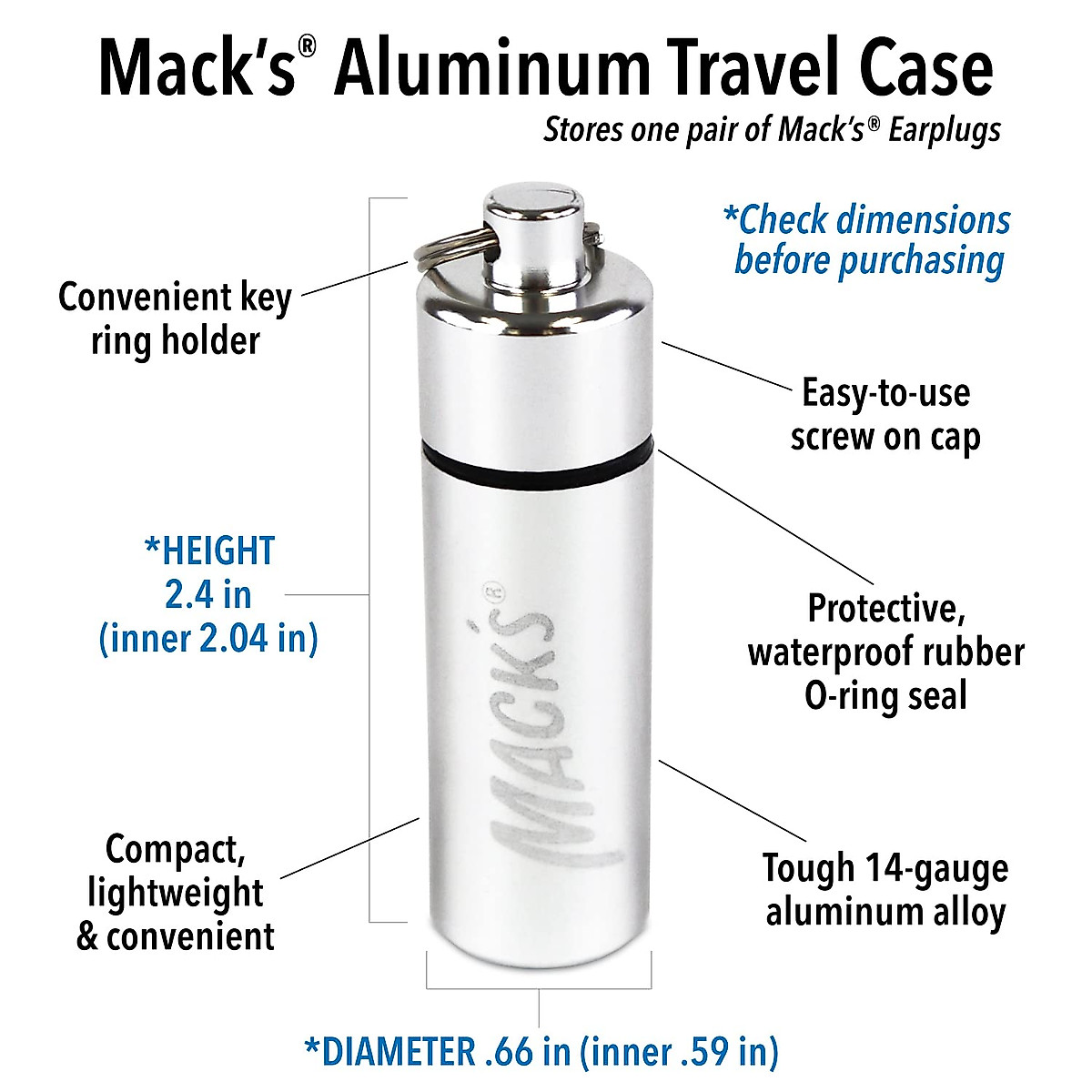 Mack's Keychain Carrying Case, Aluminum, Waterproof Ear Plugs Holder – 2 Pack (Silver)