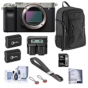 Sony Alpha 7C Mirrorless Digital Camera, Silver (Body Only), Bundle with 128GB SD Card, Backpack, Wrist Strap, 2X Extra Battery, Dual Charger, Screen Protector, Cleaning Kit