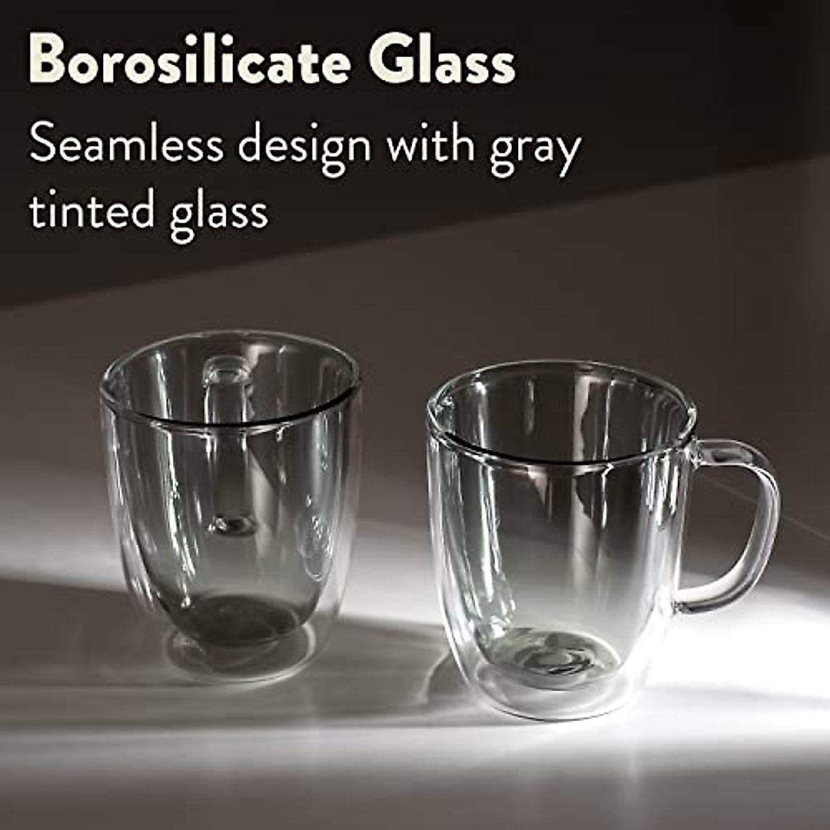 JOYFUL HOME Double Wall Glass Coffee Mugs - 12 oz. Insulated Double Walled, Smoky Gray Borosilicate Glass with Large Handle for Coffee, Cocoa and Tea (Set of 2)