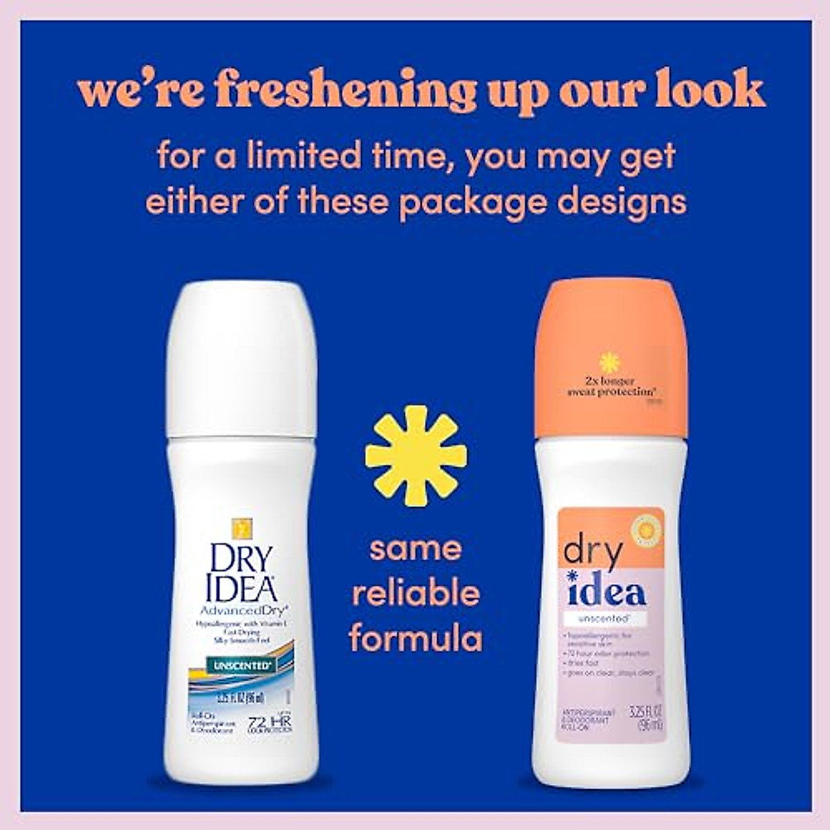 Dry Idea Roll-On Deodorant & Antiperspirant | 2X Longer Sweat Protection | 72-Hour Odor Protection | Unscented & Hypoallergenic for Sensitive Skin, 3.25 oz.