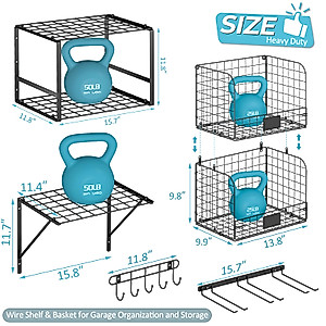 ThreeHio Garage Shelf Wall Mounted with Wire baskets, Heavy Duty Garage Wall Shelving with Garden Tool Rack and Hooks, Wire Shelf Baskets Tool Organizer for Home Garden Garage Organization and Storage