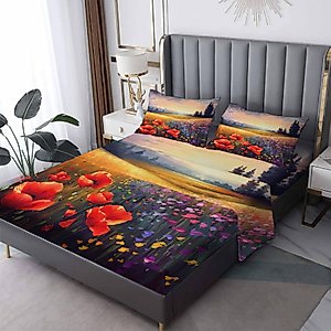 Red Poppy Sheets Full Size Sheet Sets - Poppies Flower Bed Sheets, Soft Microfiber & Deep Pocket & Wrinkle Free Patterned Bedding Sheets & Pillowcases, 1 Fitted Sheet, 1 Flat Sheet, 2 Pillow Cases