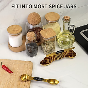 TLQSM Magnetic Measuring Spoons Set, Stainless Steel, Dual Sided, Stackable, Dual Sided for Measuring Dry and Liquid Ingredients, Fits in Spice Jars, Set of 8（Gold ）